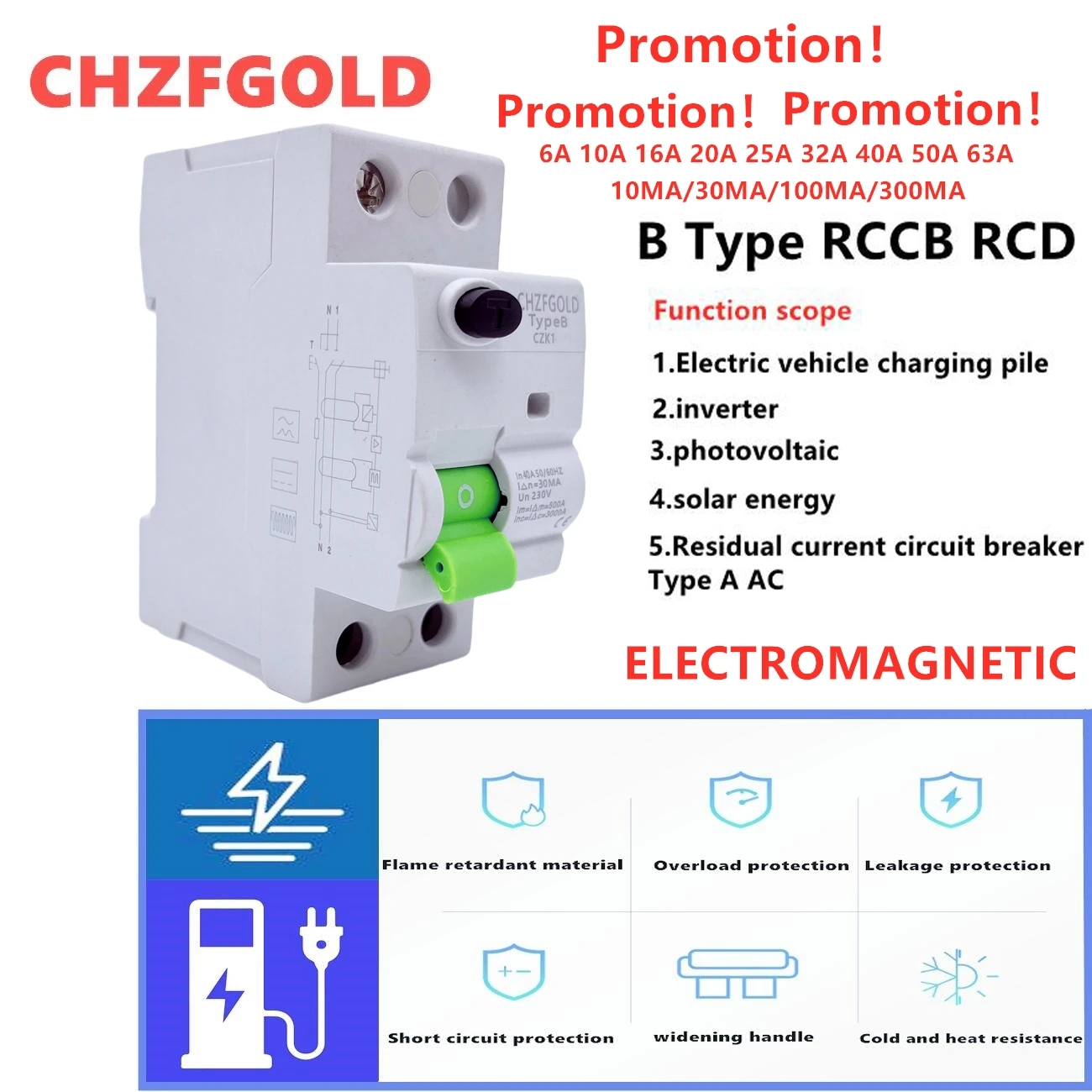 Electric Vehicle EV Charging Pile Residual Current breaker DC RCCB RCD 2P 63A 30mA Type B 6KA ...