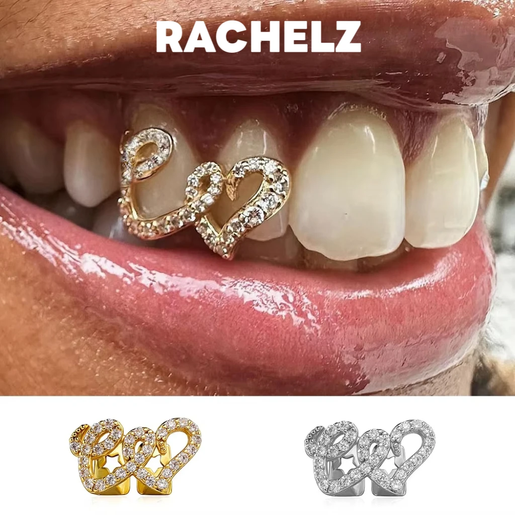 RACHELZ Hip Hop Full CZ Stone Double Heart Teeth Caps Y2K Punk Zircon ...