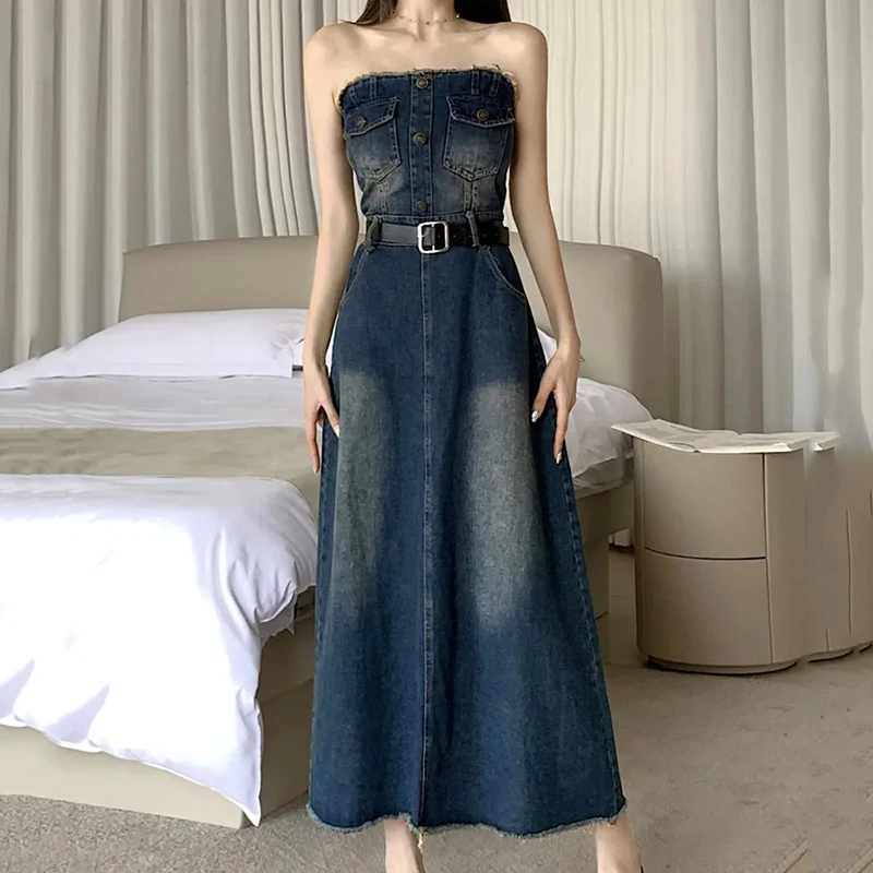 Women-s-Tube-Top-Jeans-Dress-Slim-Design-Raw-Edges-A-Bag-Hip-Denim-Long ...
