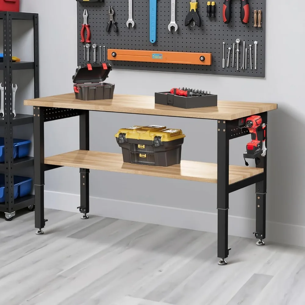 48 Adjustable 2-Tier Workbench with Solid Wood Top, Max 2000lbs ...