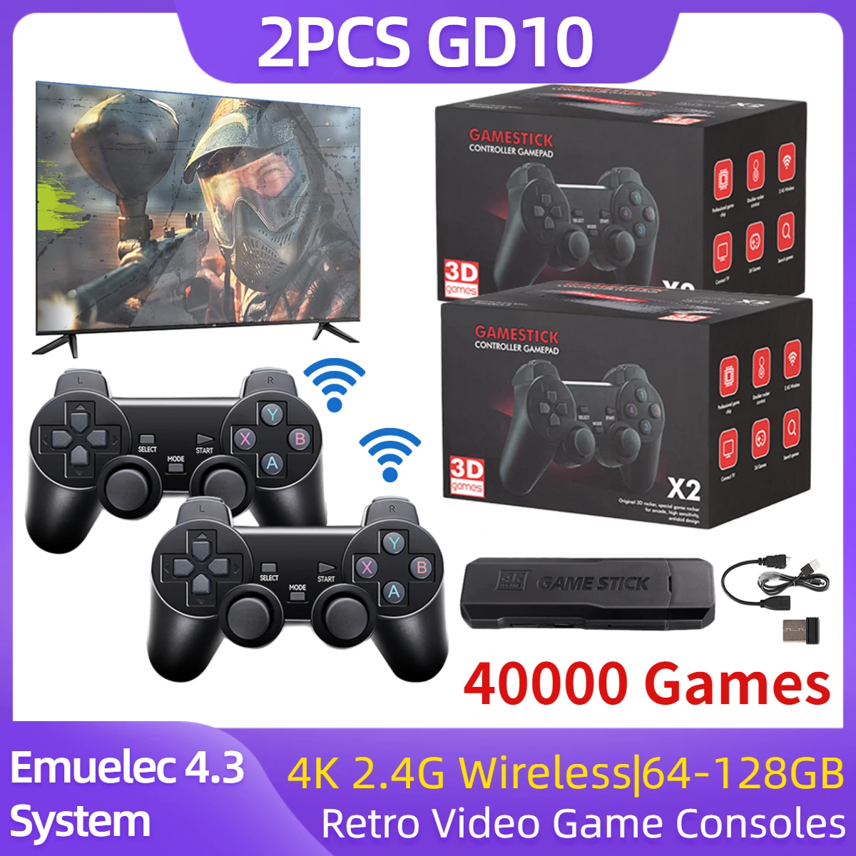 2pcs 64g - Double manette sans fil GD10, Consoles de jeux vidéo rétro, Gamestick 2.4G, 4K,Cadeau ...