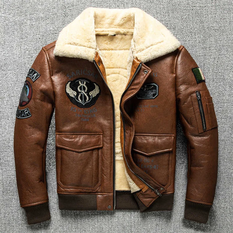 New Fur Pilot Leather Jacket Genuine Leather Men's Flight Suit Sheep ...