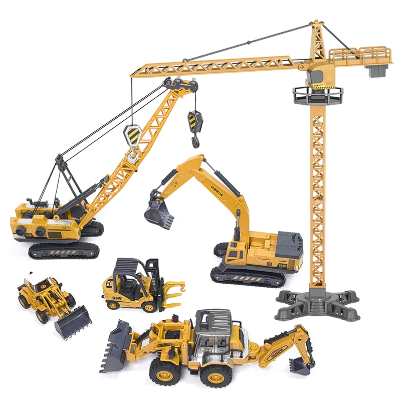 6-Style-Tower-Crane-Bulldozer-Excavator-Tractor-Toy-Model-Diecast-Truck ...
