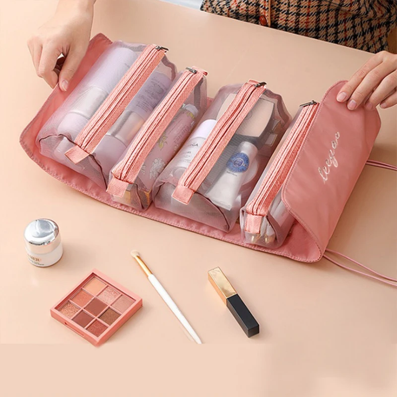 4 In 1 여행용 화장품 가방 분리형 화장품 파우치 숙녀 접이식 나일론 가방 로프 여성 지퍼 메쉬 메이크업 보관 가방