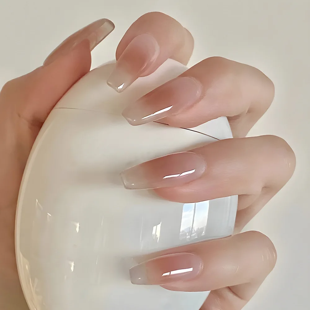 24 Pcs Glossy Medium Long Ballerina Press On Nails Pink Gradient Fake ...