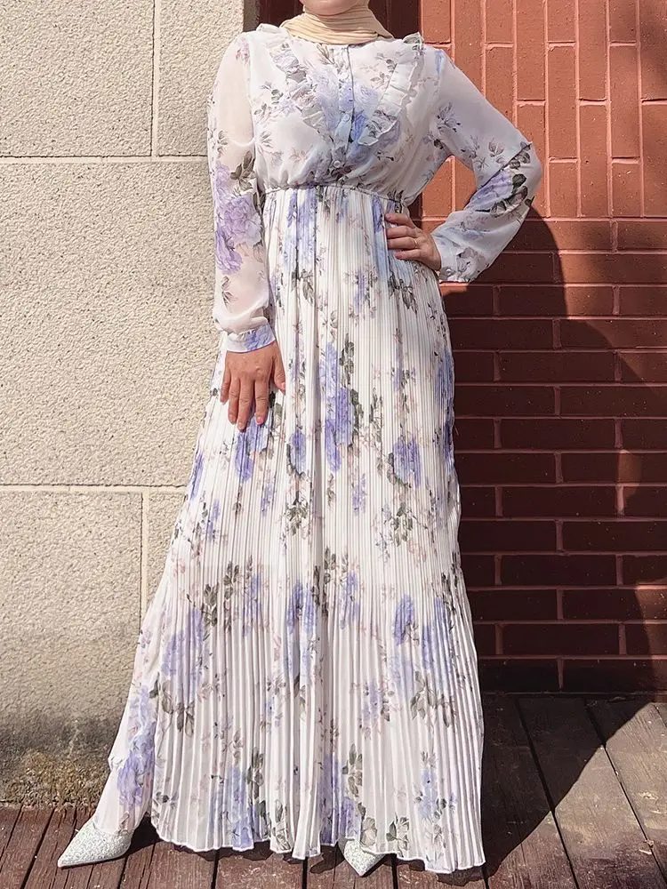 Ramadan Eid Floral Printed Djellaba Muslim Dress Dubai Fashion Pleated ...