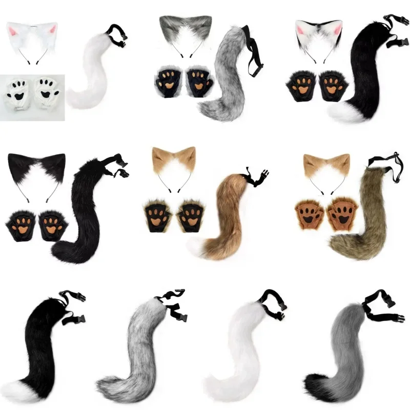 Halloween Party Animal Cosplay Fox Ears Tail Set Unisex Plush Paw ...