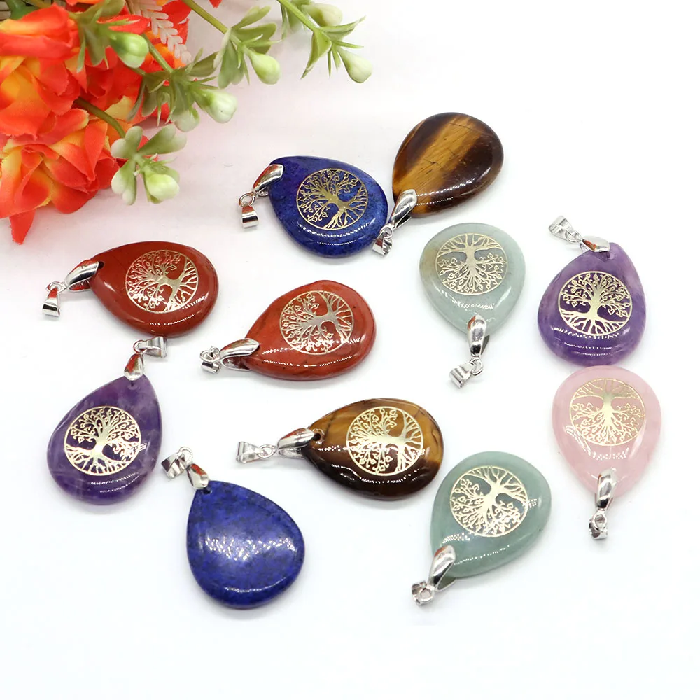 Collar de cristal del árbol de la vida, colgante de piedra Natural, 7 Chakras, Cuarzo Rosa ...