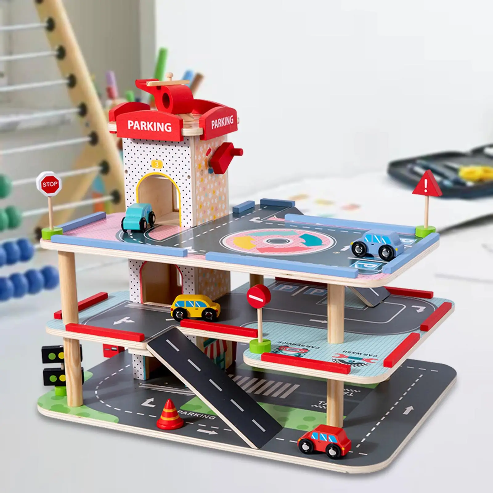 Wooden-Car-Garage-Playset-Kids-Parking-Garage-Race-Car-with-Manual ...