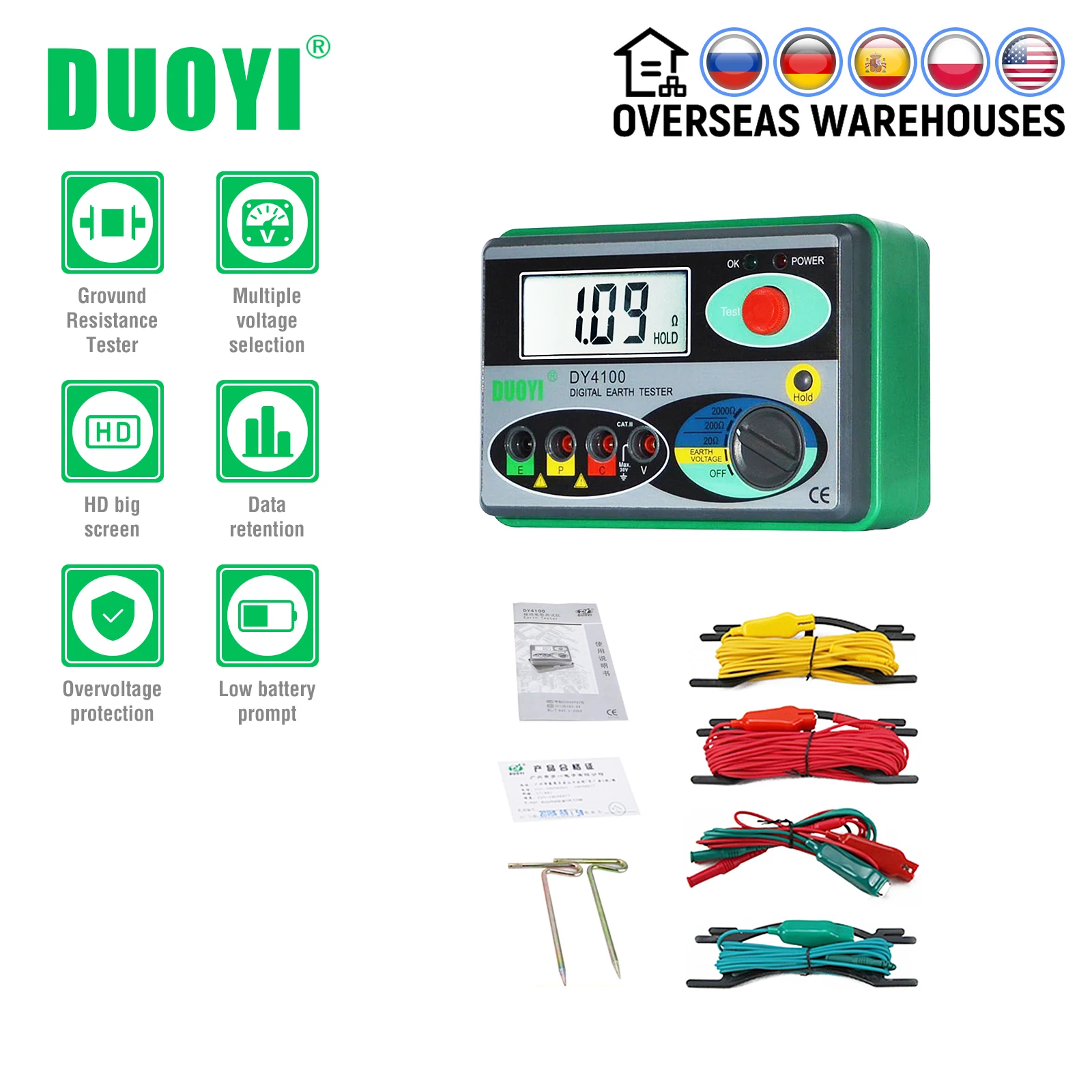 Megohmmeter 0-2000 Ohm Real Digital Earth Ground Resistance Meter ...