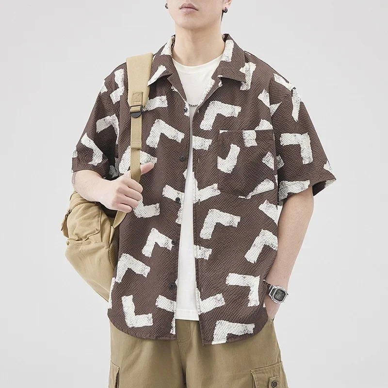 New-Vintage-Hawaiian-Style-Seersucker-Short-Sleeve-Shirt-Men-s-Loose ...