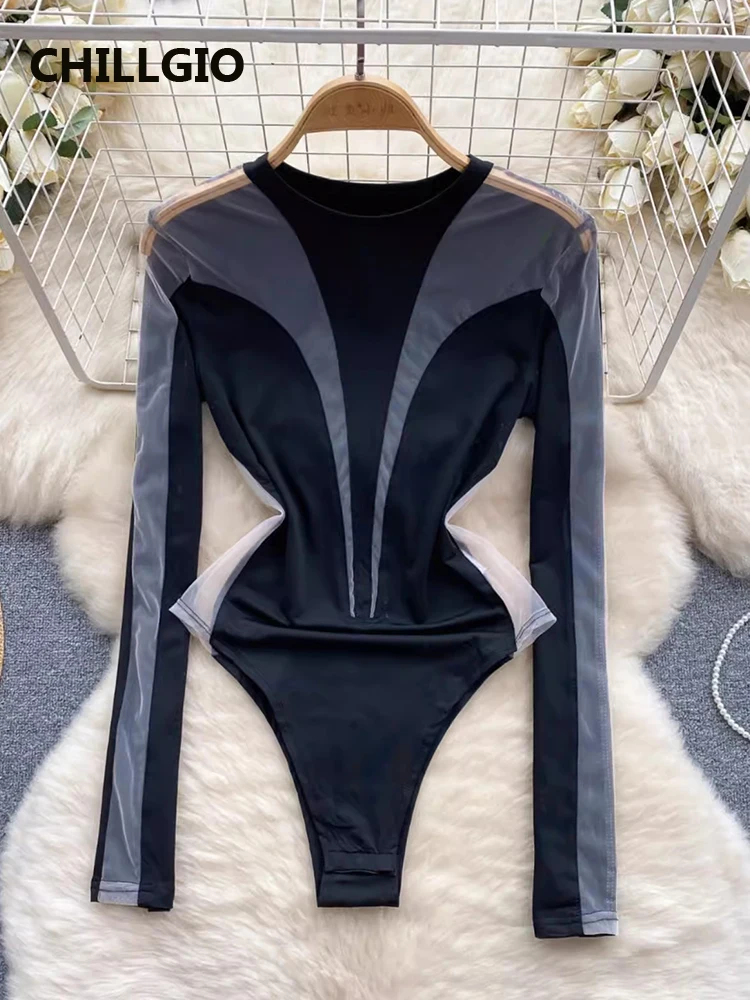 CHILLGIO-Women-Round-Neck-Long-Sleeves-Jumpsuits-Sexy-Mesh-Splicing ...
