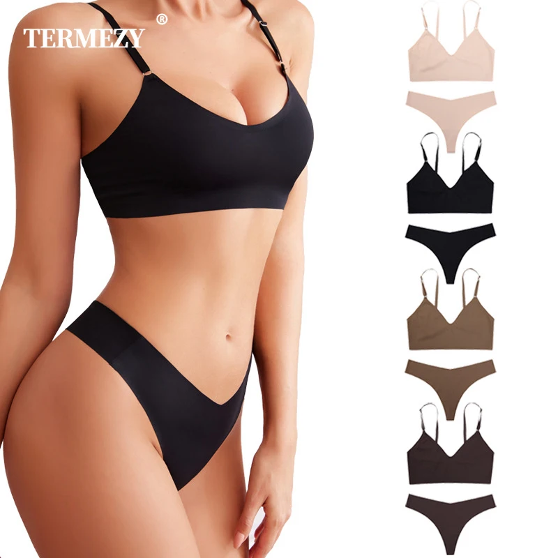 TERMEZY-Women-Seamless-Bra-Set-Sexy-Thong-Low-Waist-Panties-Wire-Free-Bra-Bralette-Lingerie ...