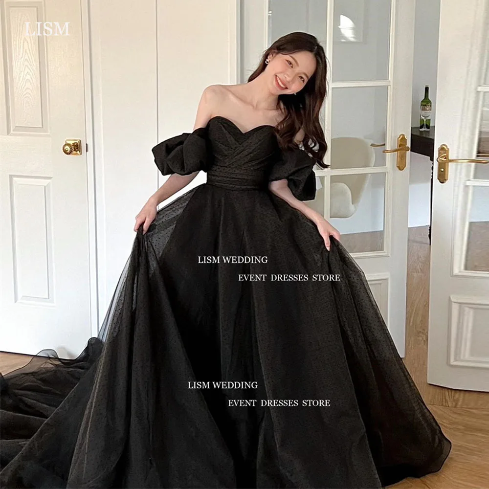 LISM-Sweetheart-Black-Korea-Evening-Dresses-Photo-Shoot-Off-The-Shoulder-Dot-Tulle-Prom-Gowns ...