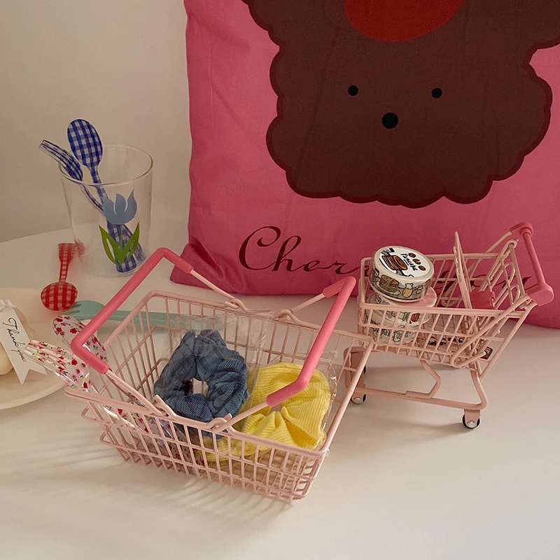 Ins Cute Pink Trolley Shopping Basket Storage Toy Creative Mini Kawaii ...