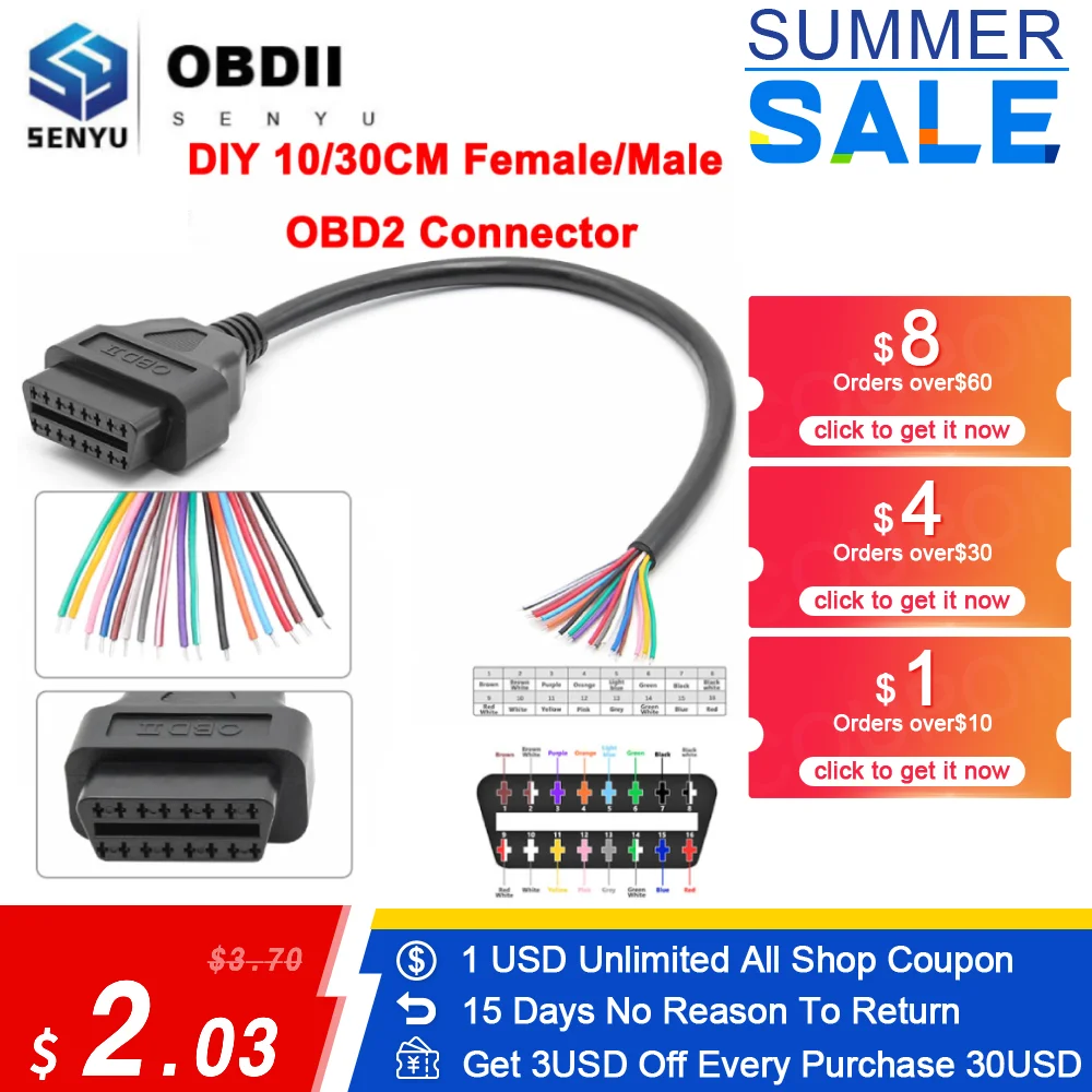 10/30cm 16pin Female To Male Diy Obd 2 Obd2 Auto Extension Cable ...