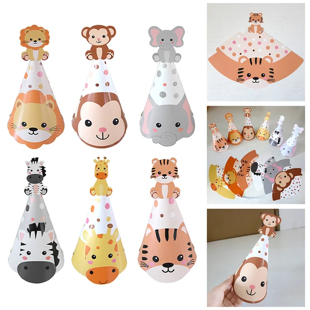 Zoo Animals With Party Hats Happy Birthday Party. Childrens Set With