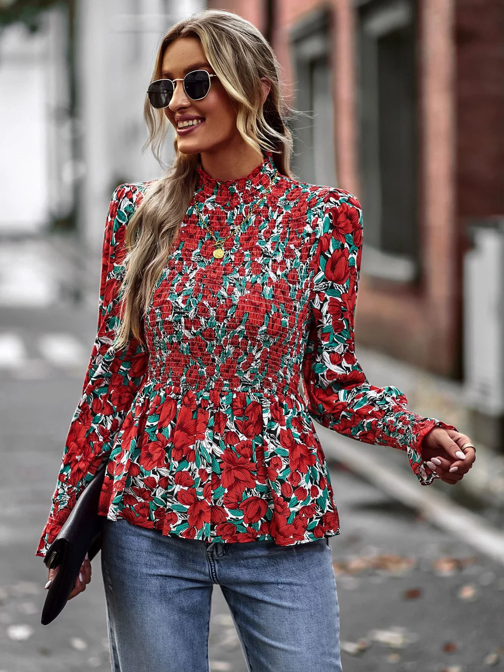 Elegant Printed Slim All Match Tops 2022 New Women Spring Autumn O Neck ...