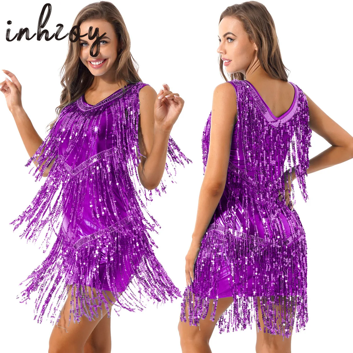 Women-V-Neck-Sleeveless-Sparkling-Sequins-Tassels-Fringe-Ballroom-Samba ...