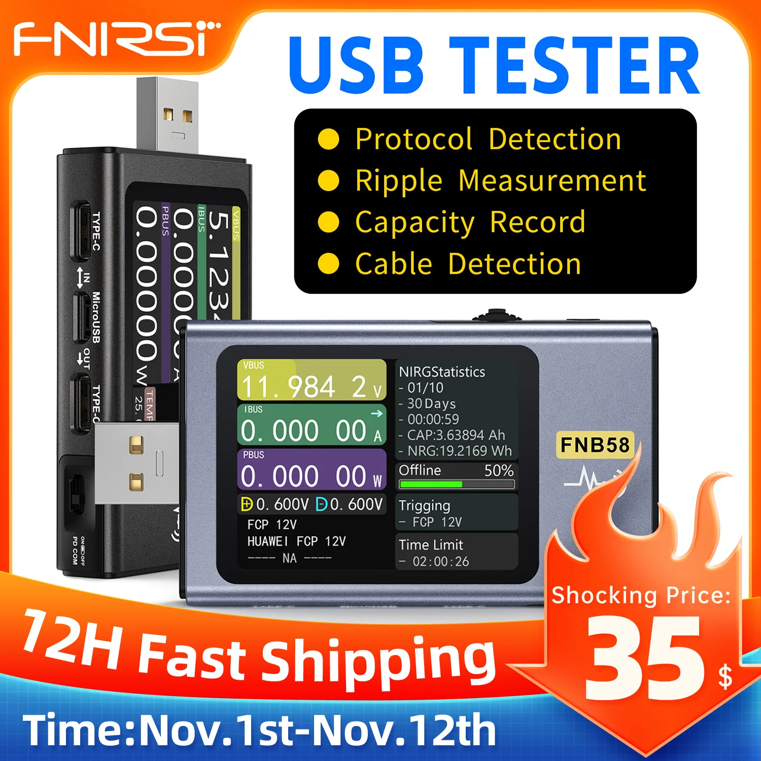Fnirsi-fnb58 Digital Voltmeter Ammeter Usb Tester Type-c Fast Charge ...