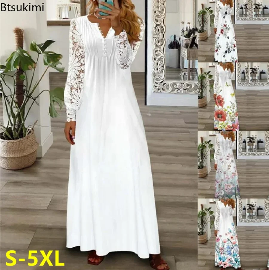 Robe-longue-en-dentelle-grande-taille-4XL-5XL-l-gante-boutons-col-en-V ...