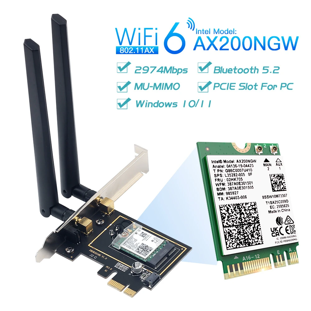 WiFi6 PCIe Adapter Intel AX200 Wifi Card Wireless Bluetooth 5.2 Dual ...