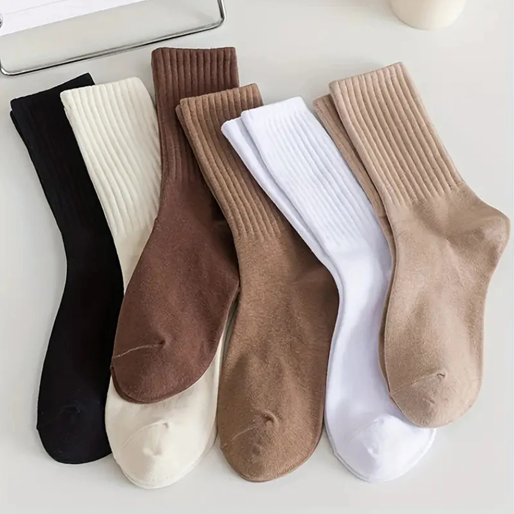 6-Pairs-Women-s-Solid-Color-Mid-Length-Socks-Made-Cotton-Warmth ...