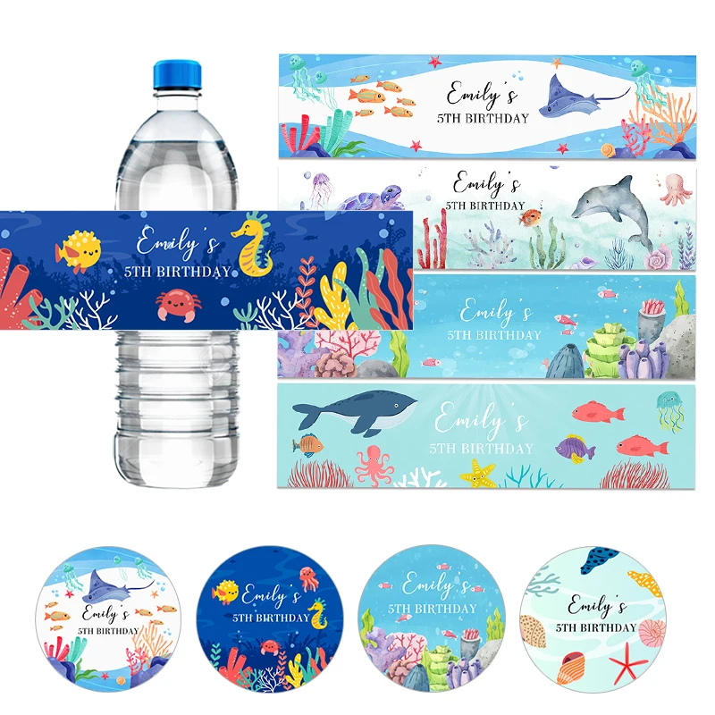 Personalized Text Water Bottle Label Stickers Under The Sea Animals ...