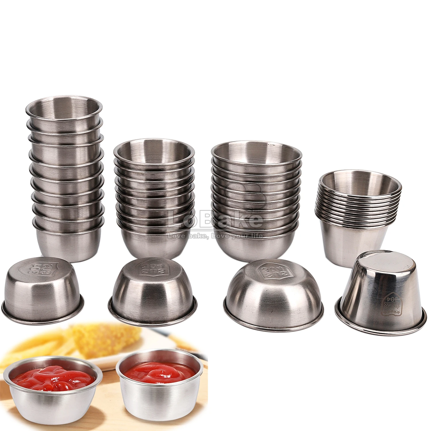 10pcs/lot 45 50 70 80ml Round Shape 304 Stainless Steel Sauce Cups Tart ...