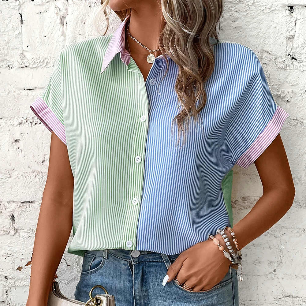 Women'S Shirt Fashion Color Matching Striped Shirt Elegant Evening ...