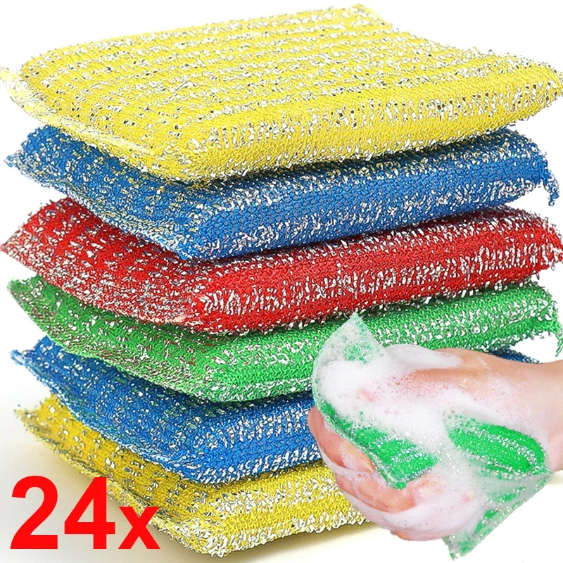 4-24pcs-Double-Sided-Sponge-Rags-Steel-Wire-Reusable-Cleaning-Cloths ...