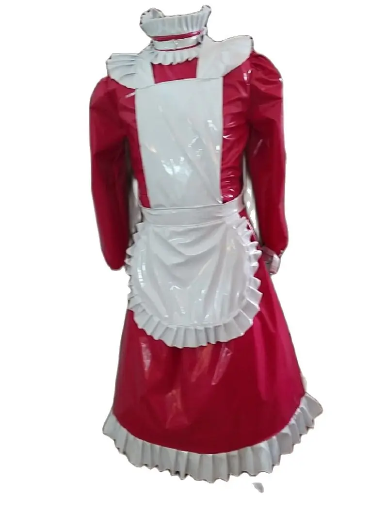 Sissy-Dress-Lockable-Maid-PVC-Red-Long-Sleeved-Long-Skirt-Ruffle ...
