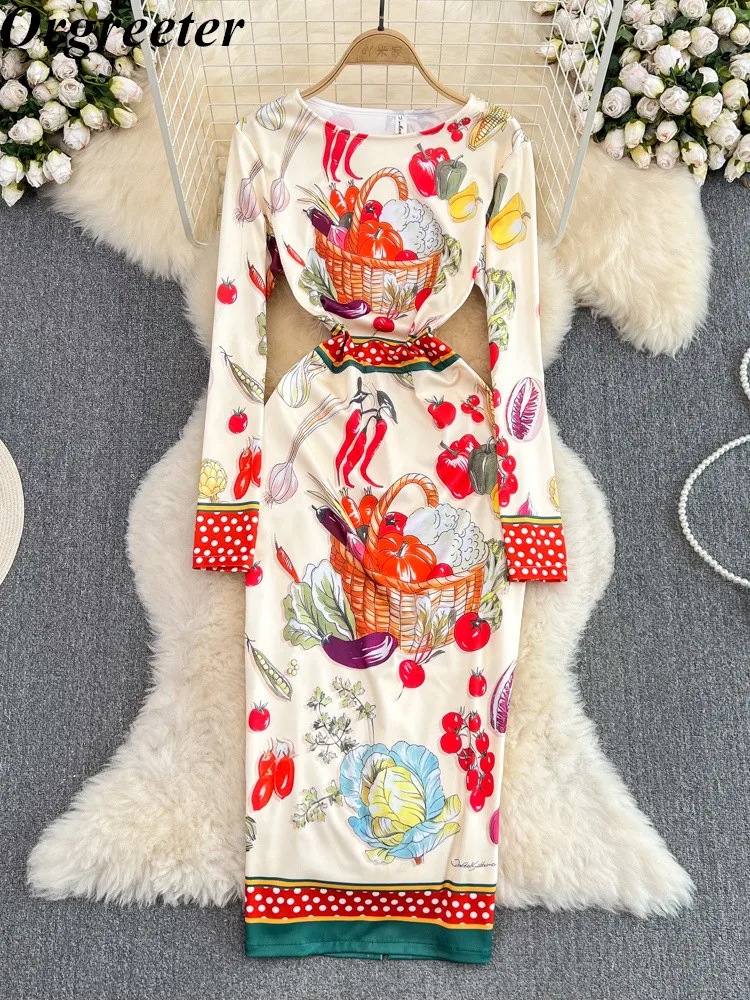 Robe Midi en tissu extensible imprimé de fruits pour femmes, mode ...