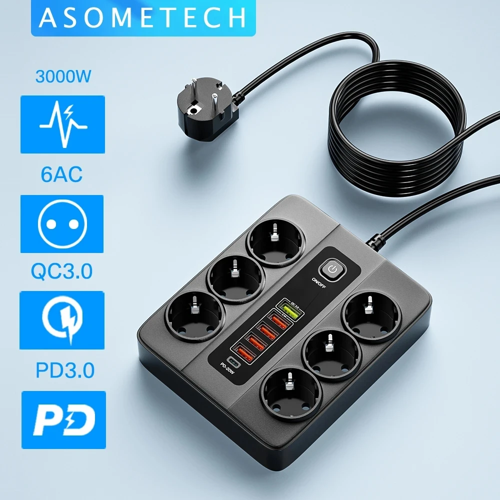 3000W 6 AC Outlets Power Strip 6 USB Charging Station Extension Cord 2M ...