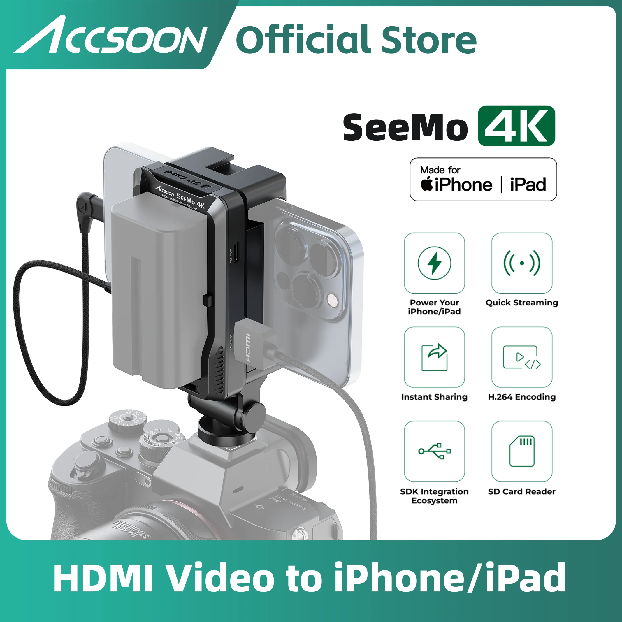 Accsoon Seemo 4K iPhone ipad Charging SD Reader H.264 Recording Sharing ...