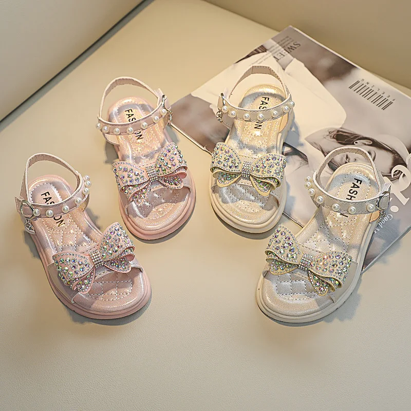 New Summer Girls Sandals Fashion Glitter Bow Flat With Pearl Princess ...