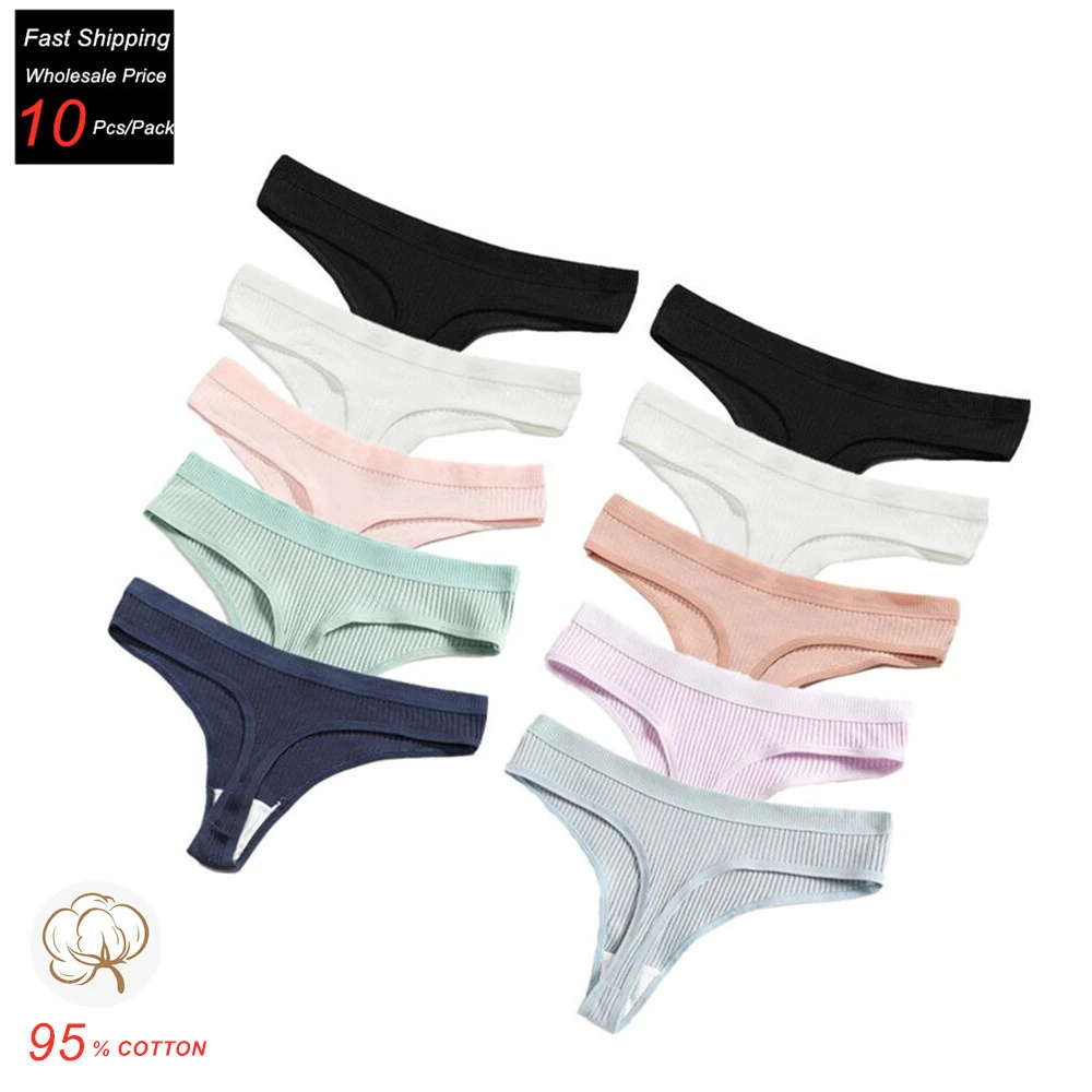 10 Pcs/Pack FAST SHIPPING Ribbed Cotton Thong Women Pack Low Rise ...