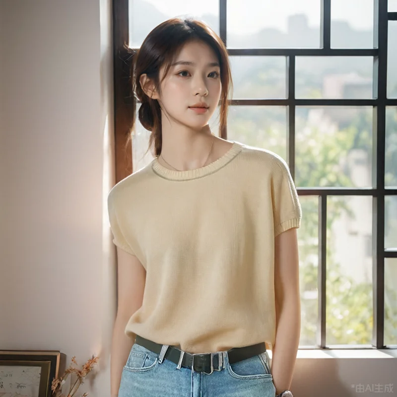 YG-New-Simple-Crew-Neck-Breathable-Khaki-100-Linen-Sweater-Khaki-With ...
