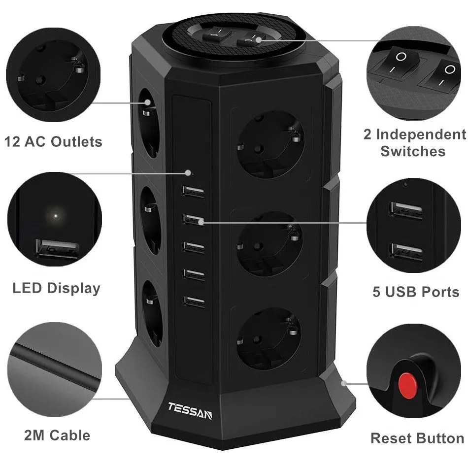 TESSAN Vertical Power Strip EU Plug Tower Socket with AC Outlets USB ...