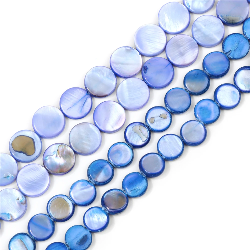 Blue Dyed Shell Beads Straight Hole Double-sided Flat Round Shell Bead ...