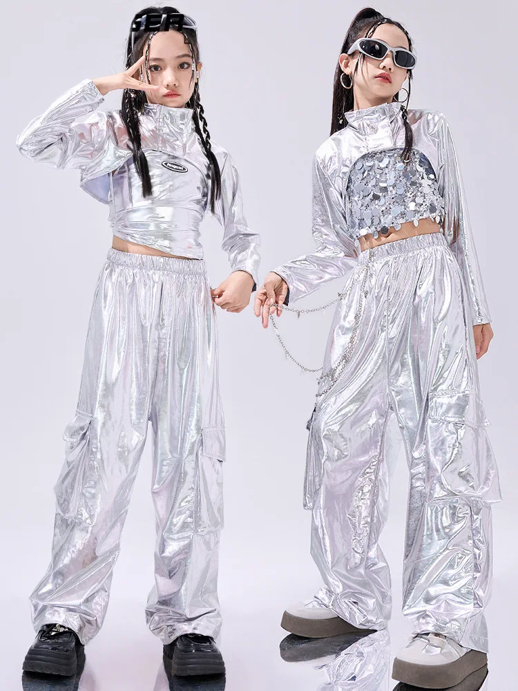 Girls Silver Sequins Hip Hop Costume Crop Top Sequin Vest Shiny Pants ...