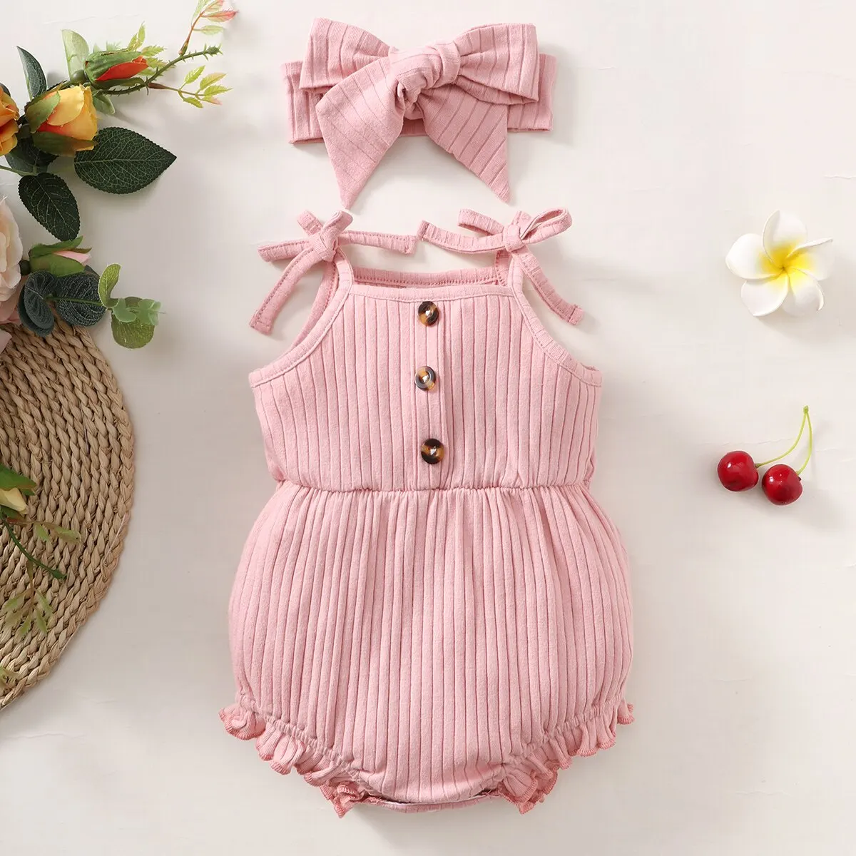 0-9 Months Newborn Baby Girl Romper Pink Ribbed Sling Bodysuit+ ...