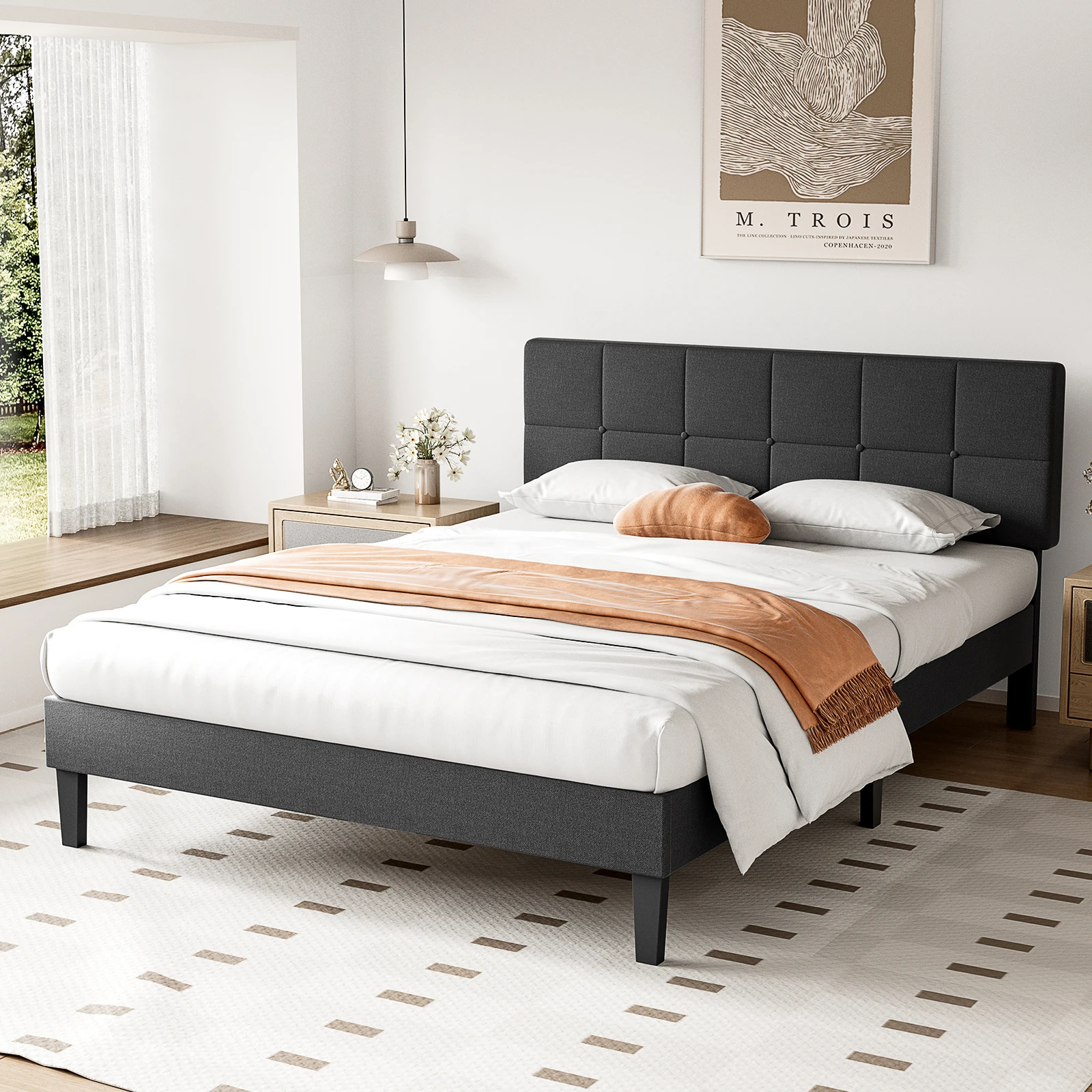 JHK-Queen-Bed-Frame-with-Headboard-No-Box-Spring-Needed-Linen ...