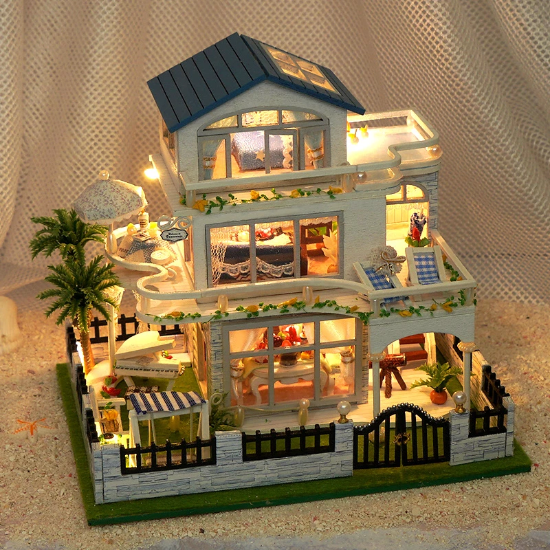 NEW DIY Wooden Seaside Villa Cottage House Figurines Miniature Kits ...