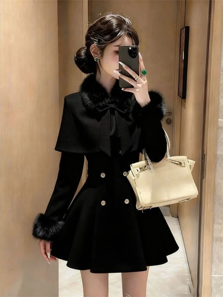 French Elegant Vintage Woolen 2 Piece Set Women Faux Fur Collar Cape ...