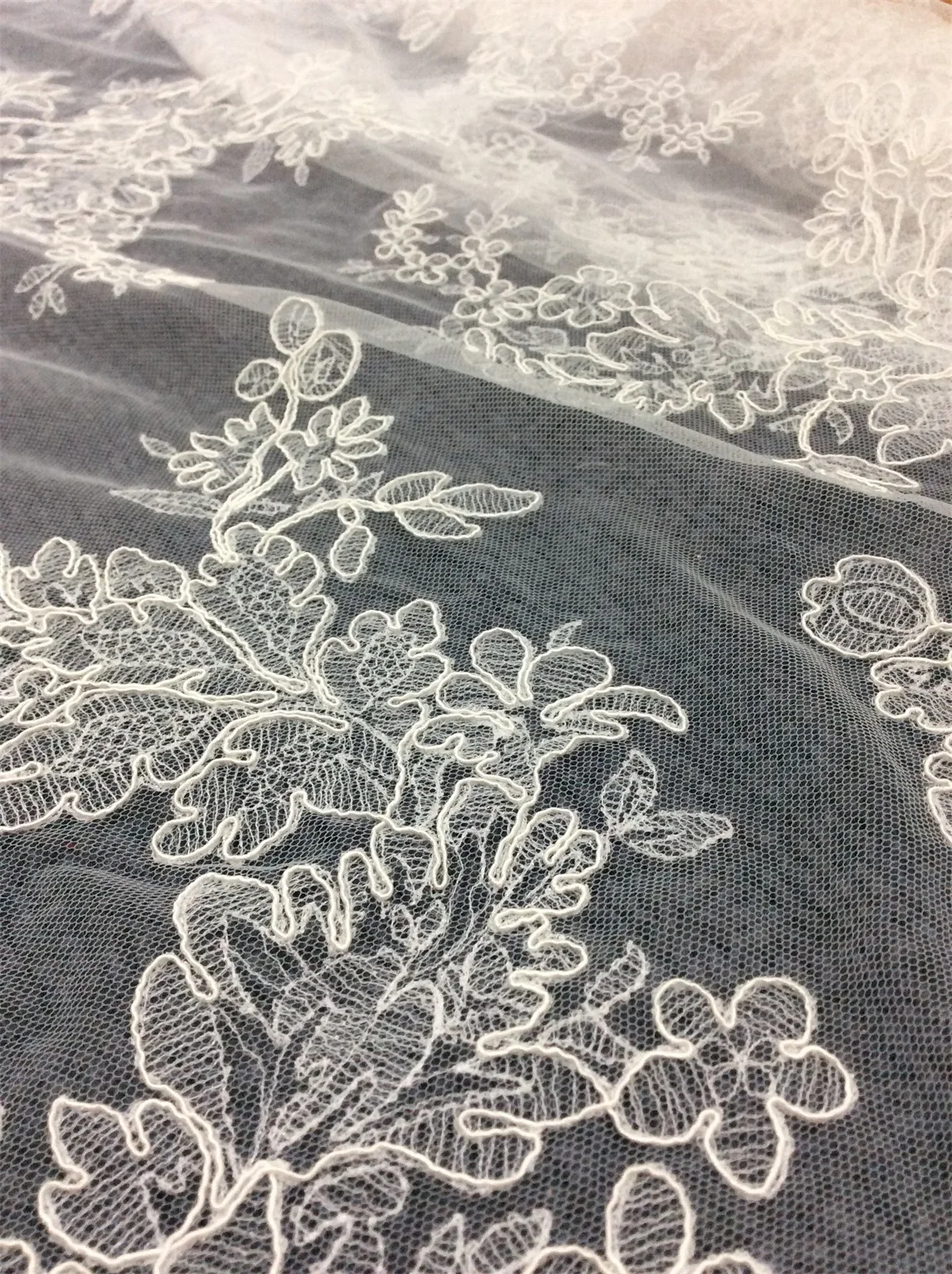 Off White Cording Embroidery Flower Tulle Mesh Lace Fabric Wedding Gown ...