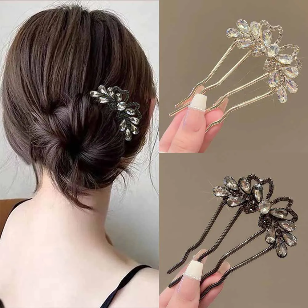 Fashion Rhinestones U-Shaped Hair Sticks Butterfly Hair Stick for Women ...