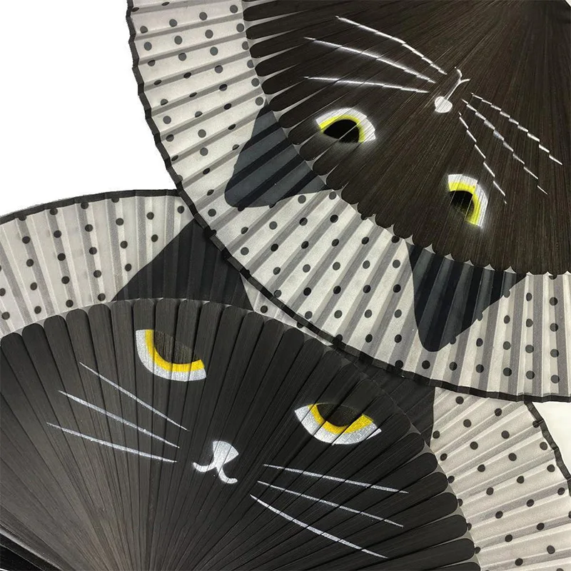 Cat Pattern Bamboo Folding Fan Japanese Style Women Lovely Cartoon ...