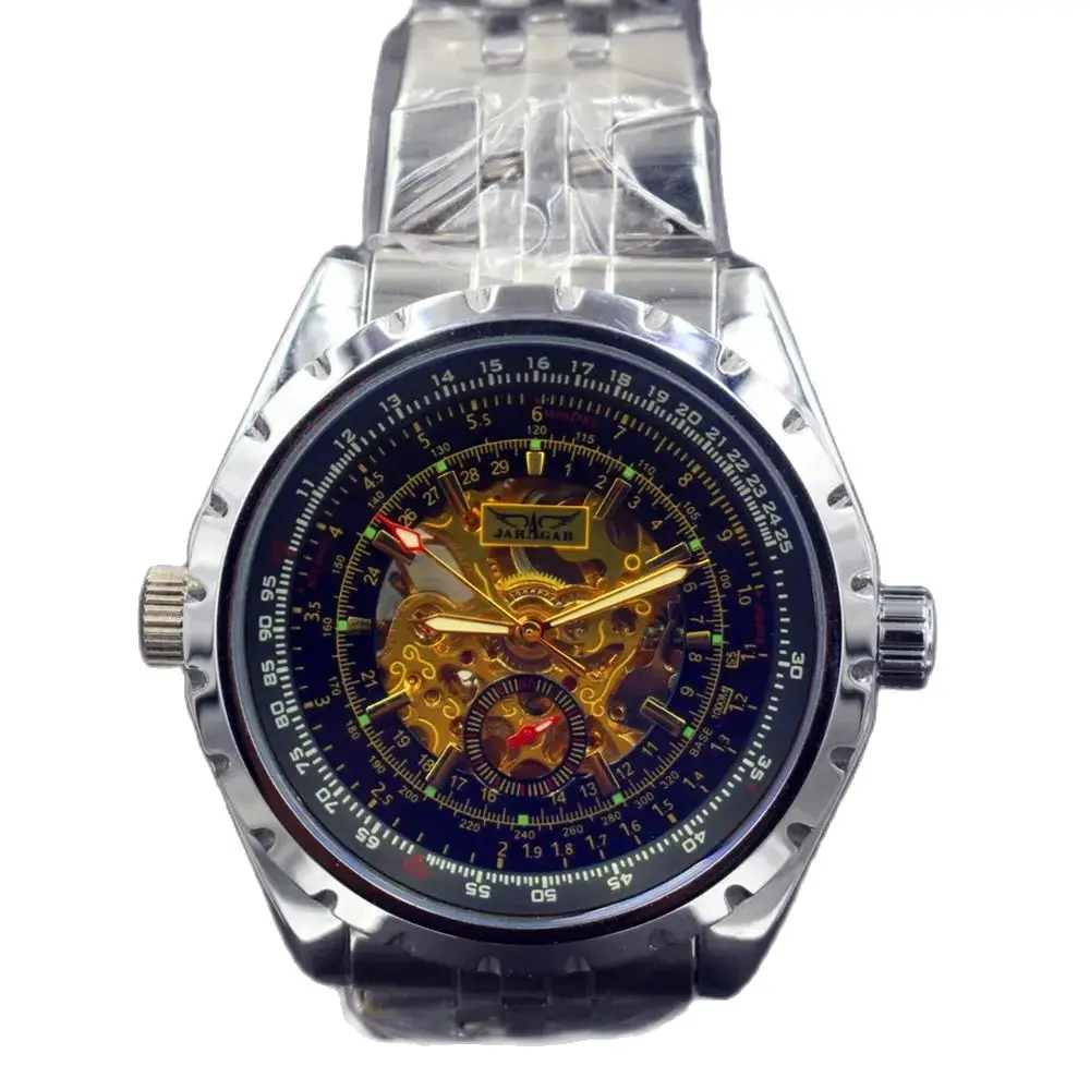JARAGAR Golden Skeleton Watches Men Luxury Brand Silver Stainless Steel ...