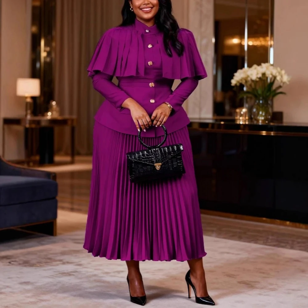 Classy Purple Two Piece Set Stand Neck Long Sleeves Buttons Cape Style ...
